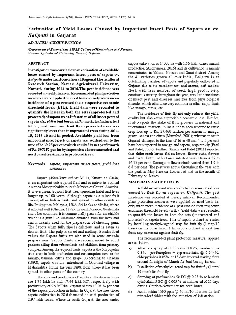 Estimation of Yield Losses Caused by Important Insect Pests of Sapota ...