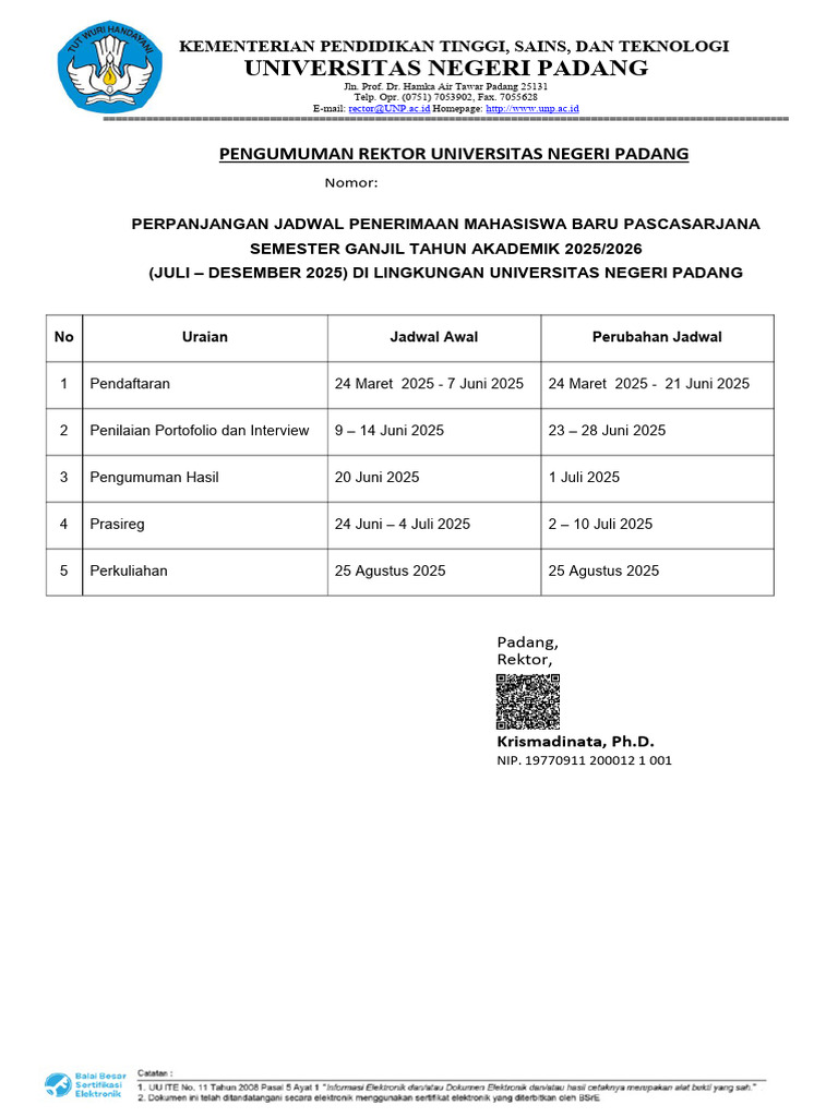 Perpanjangan Pendaftaran Pascasarjana UNP 2025 | PDF
