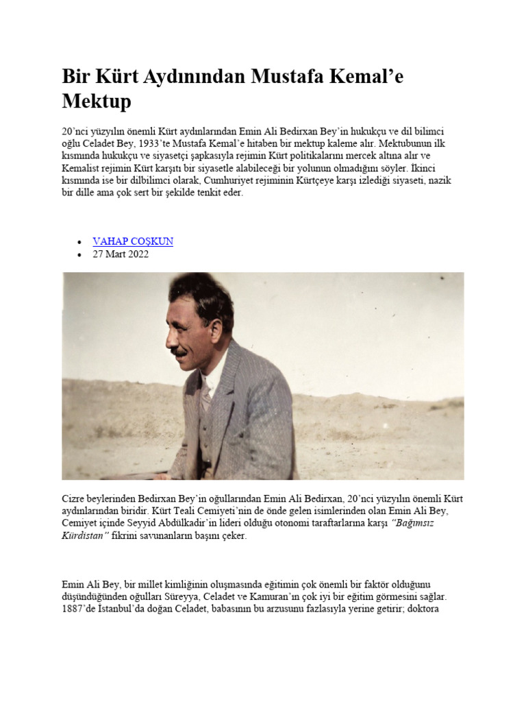 Celadet Bedirhandan Mustafa Kemale Mektup | PDF