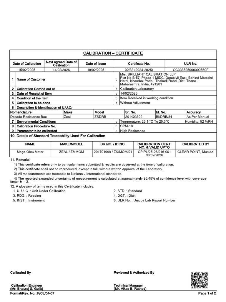 Calibration - Certificate: 10. Details of Standard Traceability Used ...