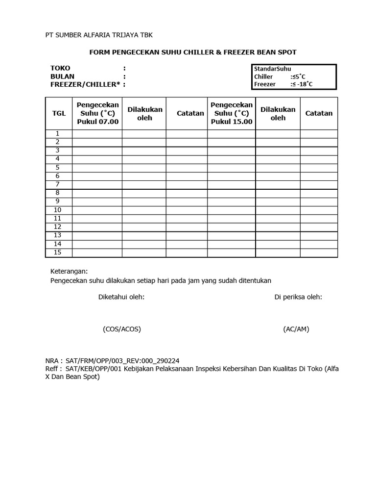 Form Pengecekan Suhu Chiller & Freezer | PDF