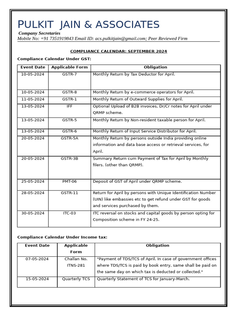 GST Compliance Calendar FY 2024-25 | PDF | Taxes | Tax Refund