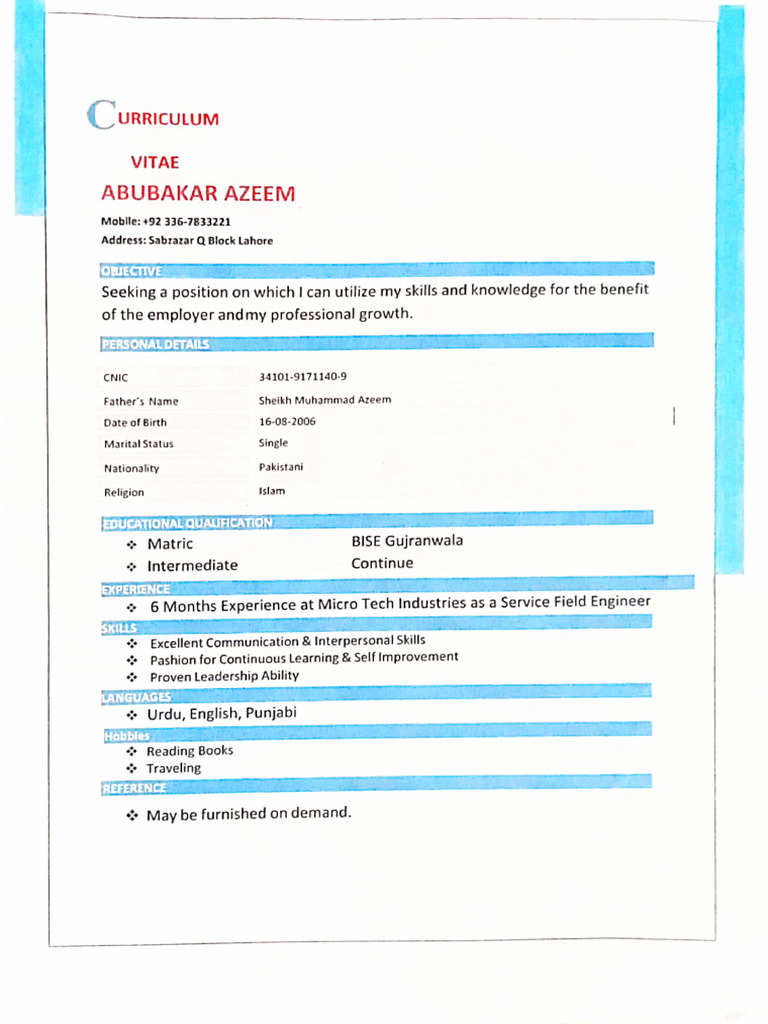 Abubakar Azeem Cv. | PDF