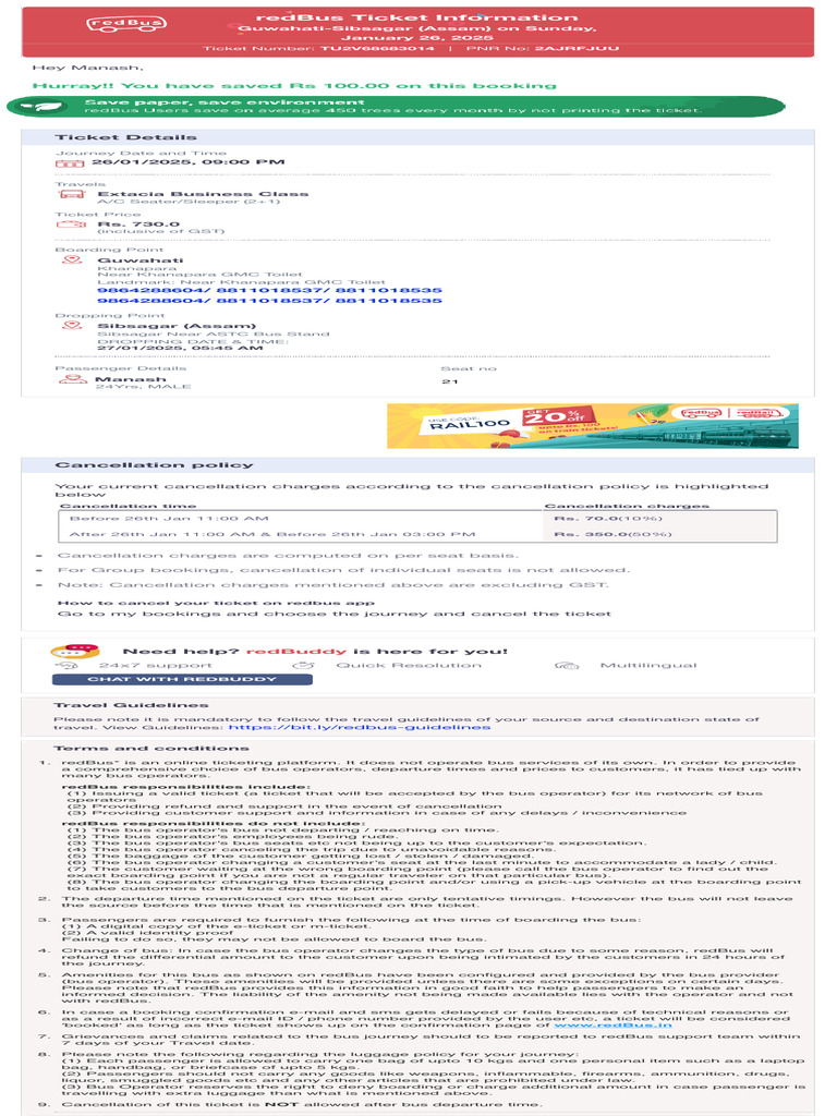Redbus Ticket Information | PDF | Bus