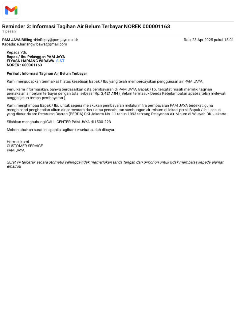 Gmail - Reminder 3_ Informasi Tagihan Air Belum Terbayar NOREK 000001163 | PDF