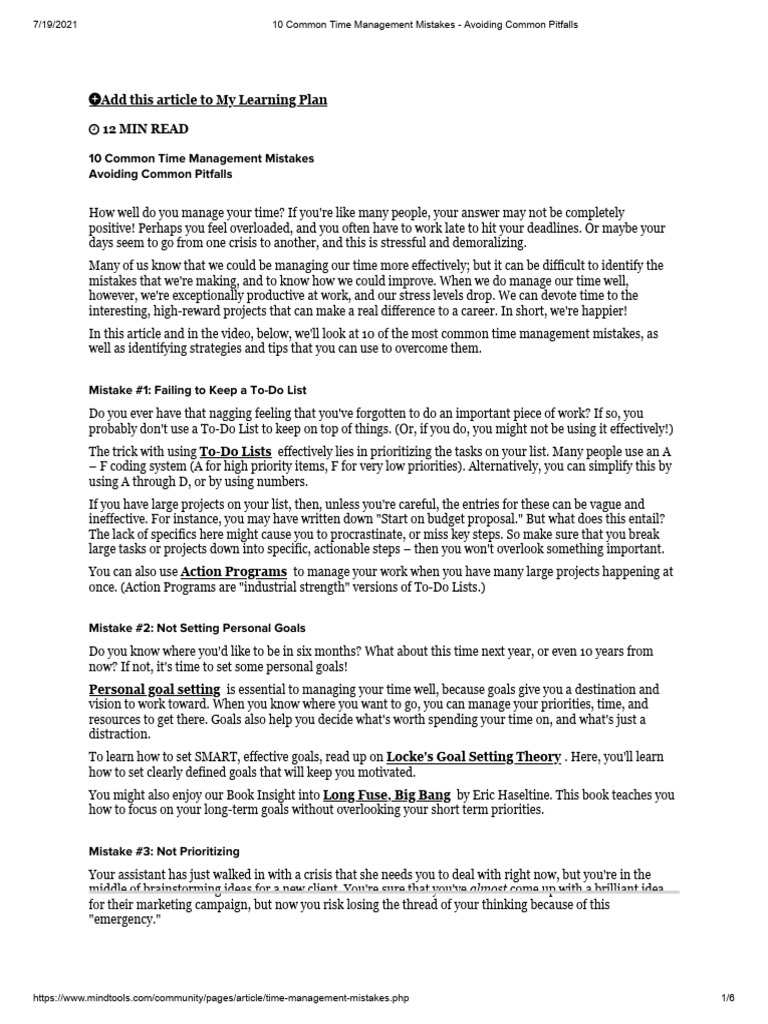 10 Common Time Management Mistakes - Avoiding Common Pitfalls | PDF | Goal | Procrastination