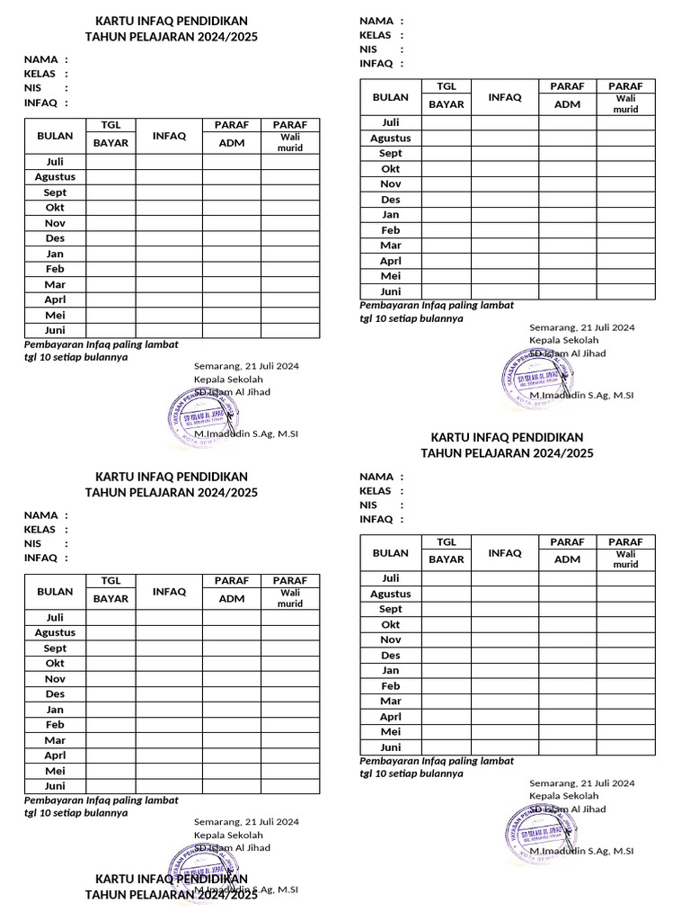 Kartu Infaq Pendidikan 2024/2025 | PDF