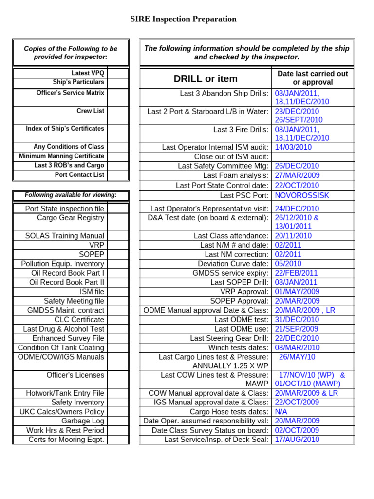 SIRE Inspection Preparation JAN 11 | PDF | Water Transport | Ships