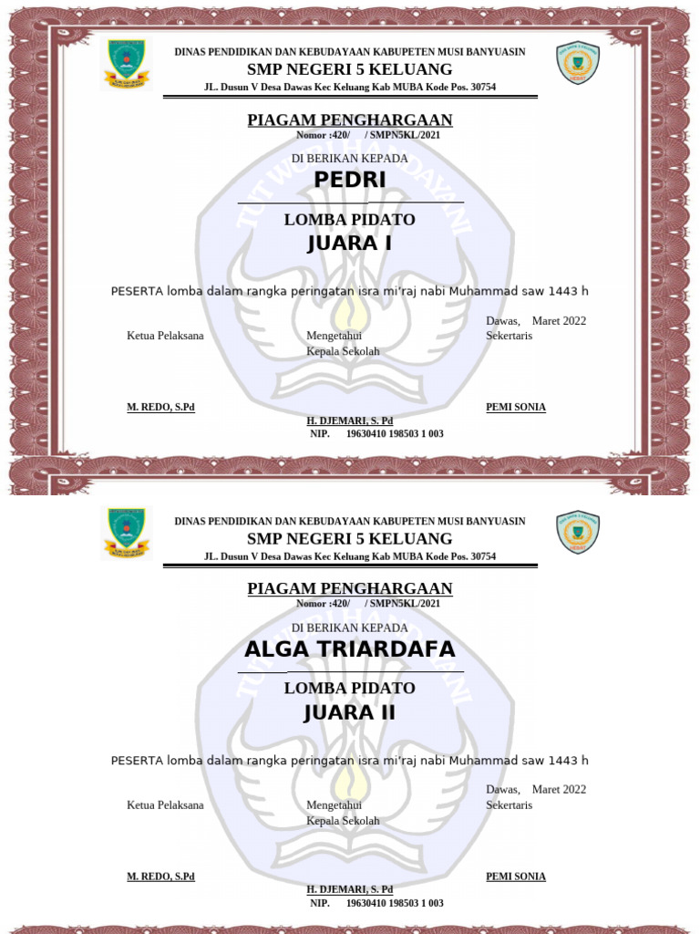 Piagam Lomba PIDATO | PDF