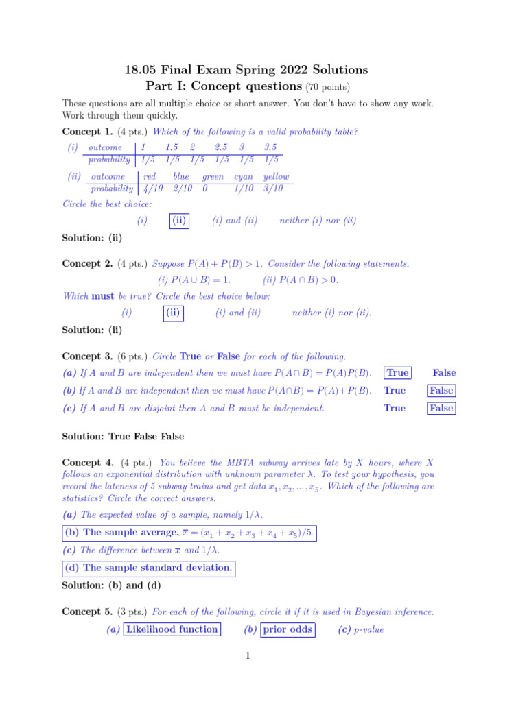 Mit18 05 s22 Exam Final Sol | PDF | P Value | Statistical Significance