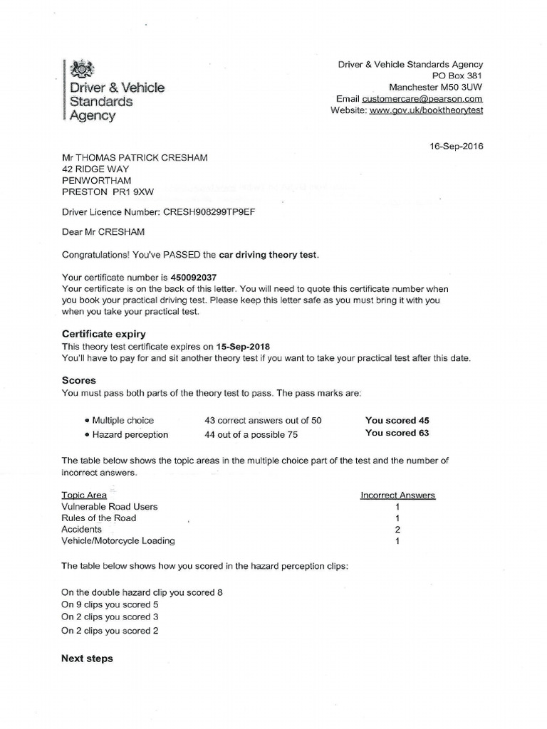 Theory Test Certificate 450092037 | PDF