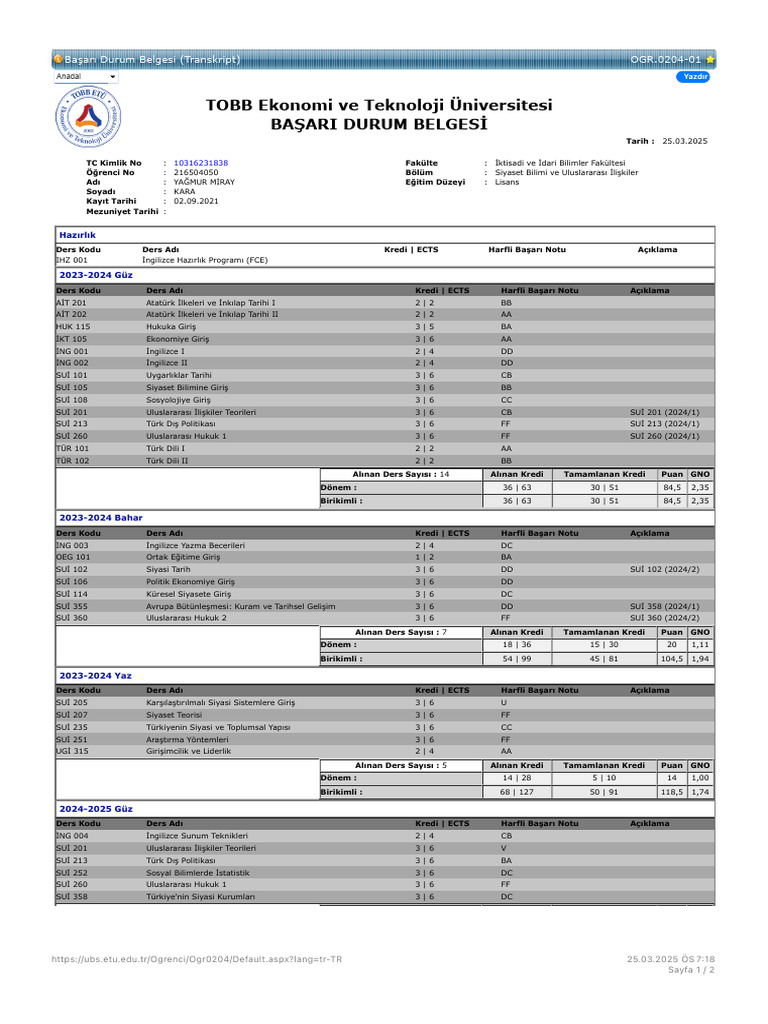 Başarı Durum Belgesi (Transkript) | PDF