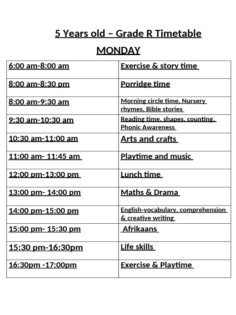 Grade R Weekly Timetable for Kids | PDF | Applied Linguistics | Learning