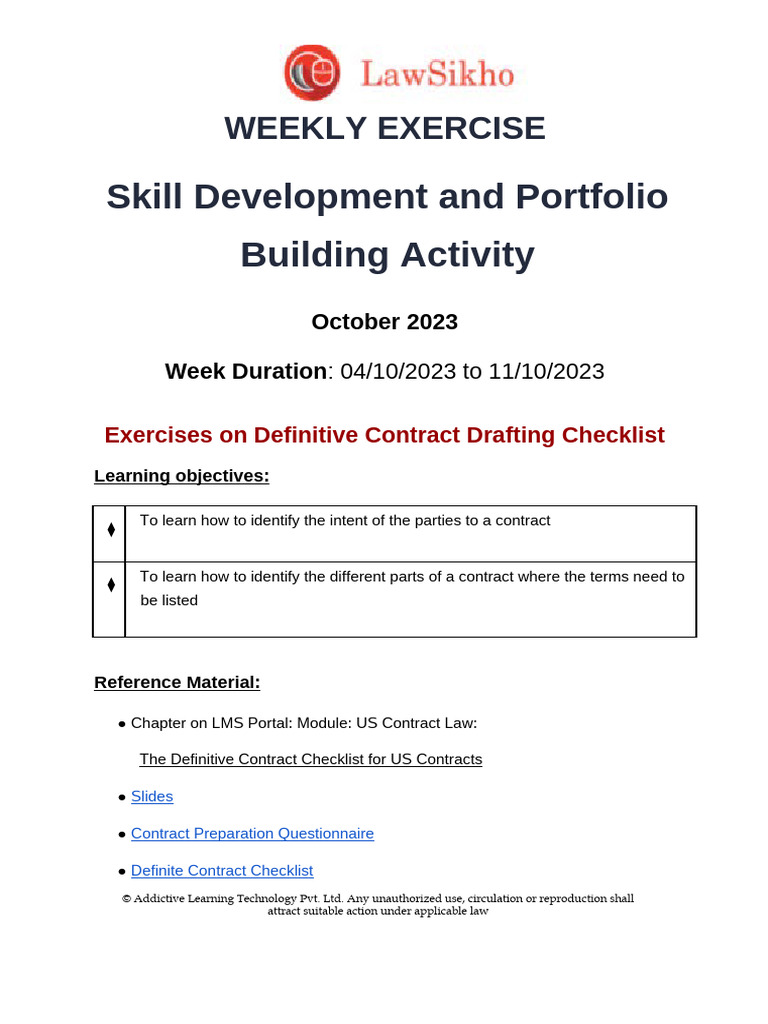 Weekly Exercises On Definitive Contract Drafting Checklist - October ...