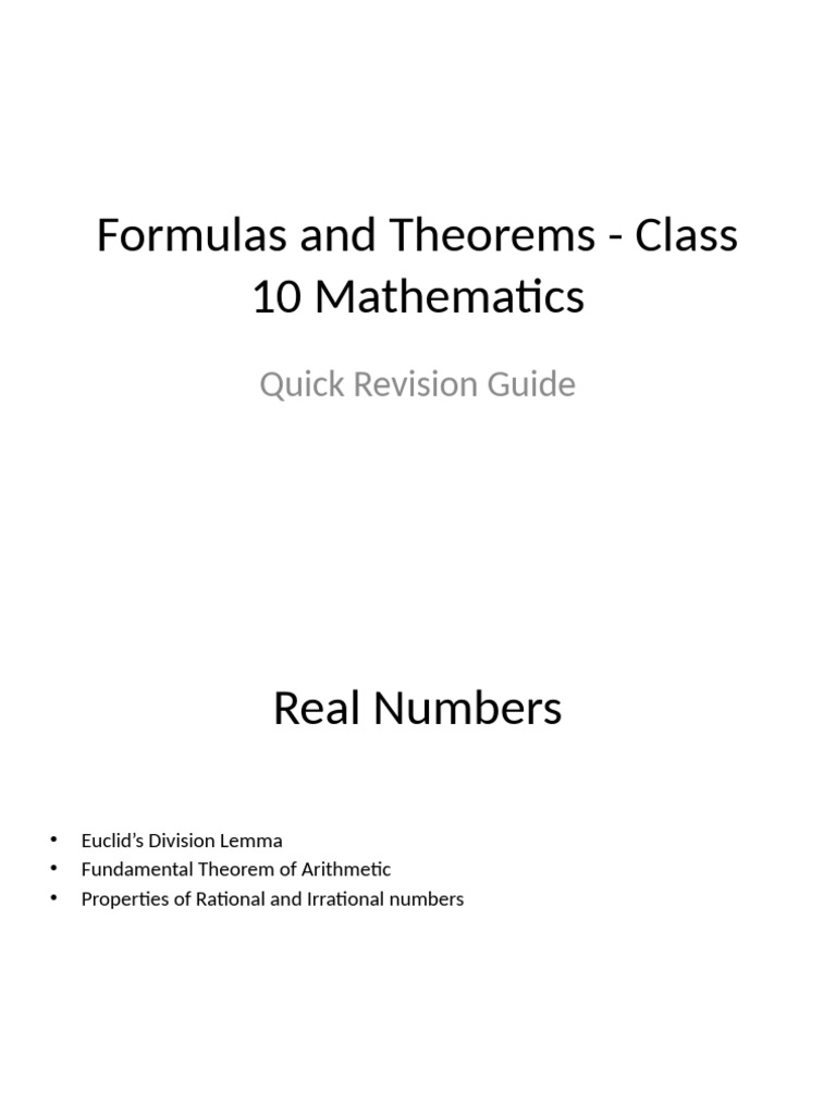 Class 10 Maths Formulas Theorems | PDF | Area | Quadratic Equation