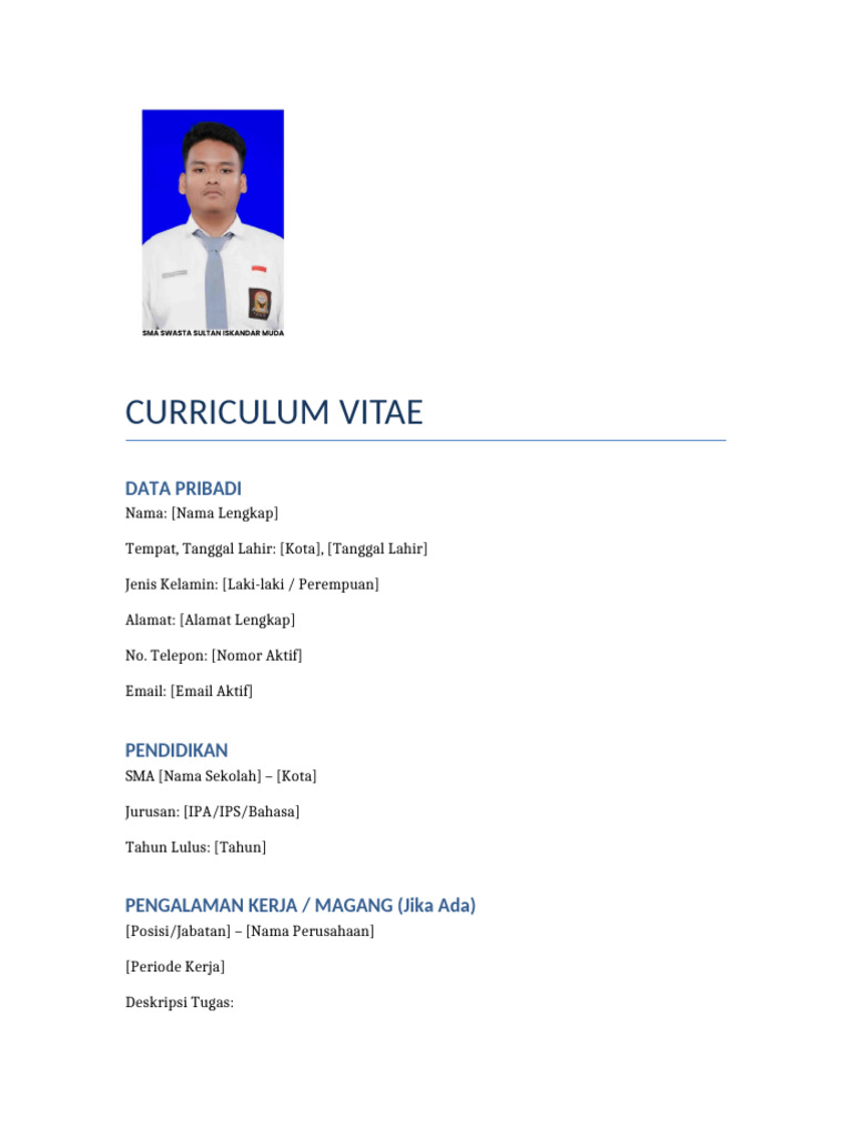 Contoh CV Lulusan SMA Sederhana | PDF