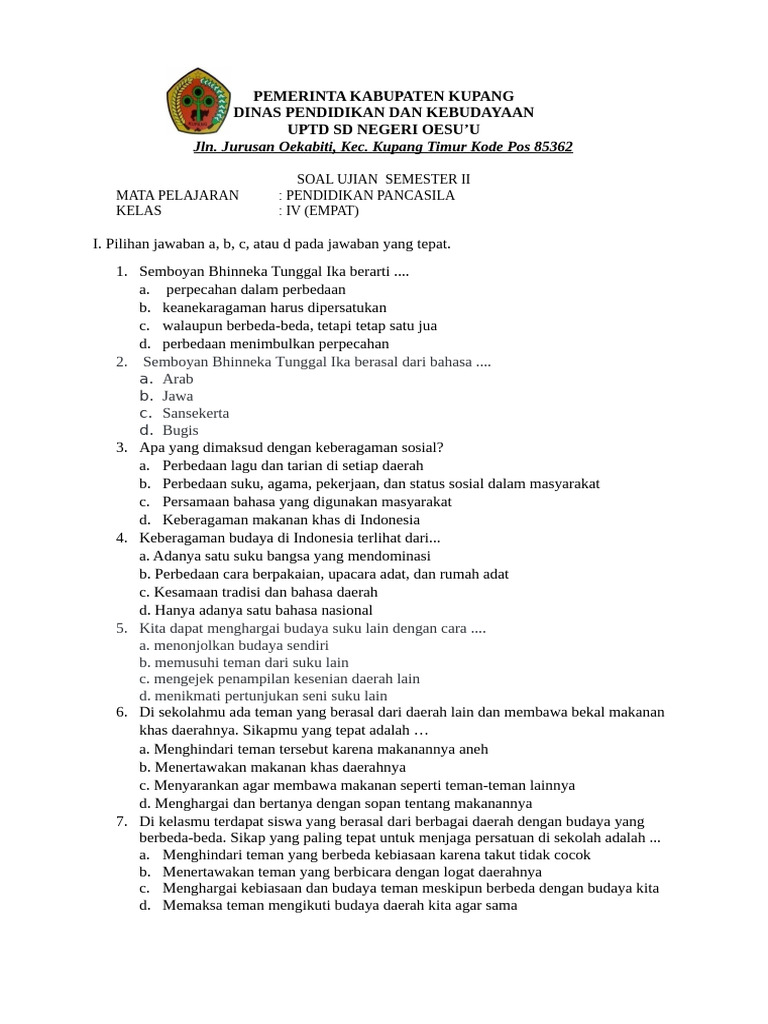 Naskah Soal PKN Kelas IV SMSTR 2 2025 | PDF