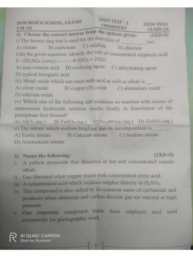 Chemistry Unit Test Paper | PDF