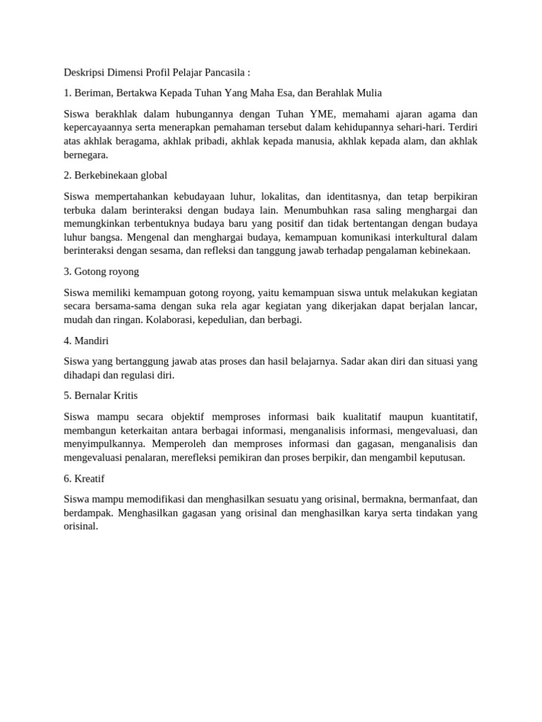 Deskripsi Dimensi Profil Pelajar Pancasila | PDF