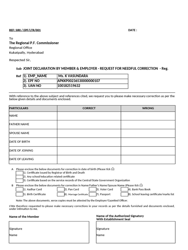 Epf Name Correction Form | PDF | Birth Certificate | Government Information