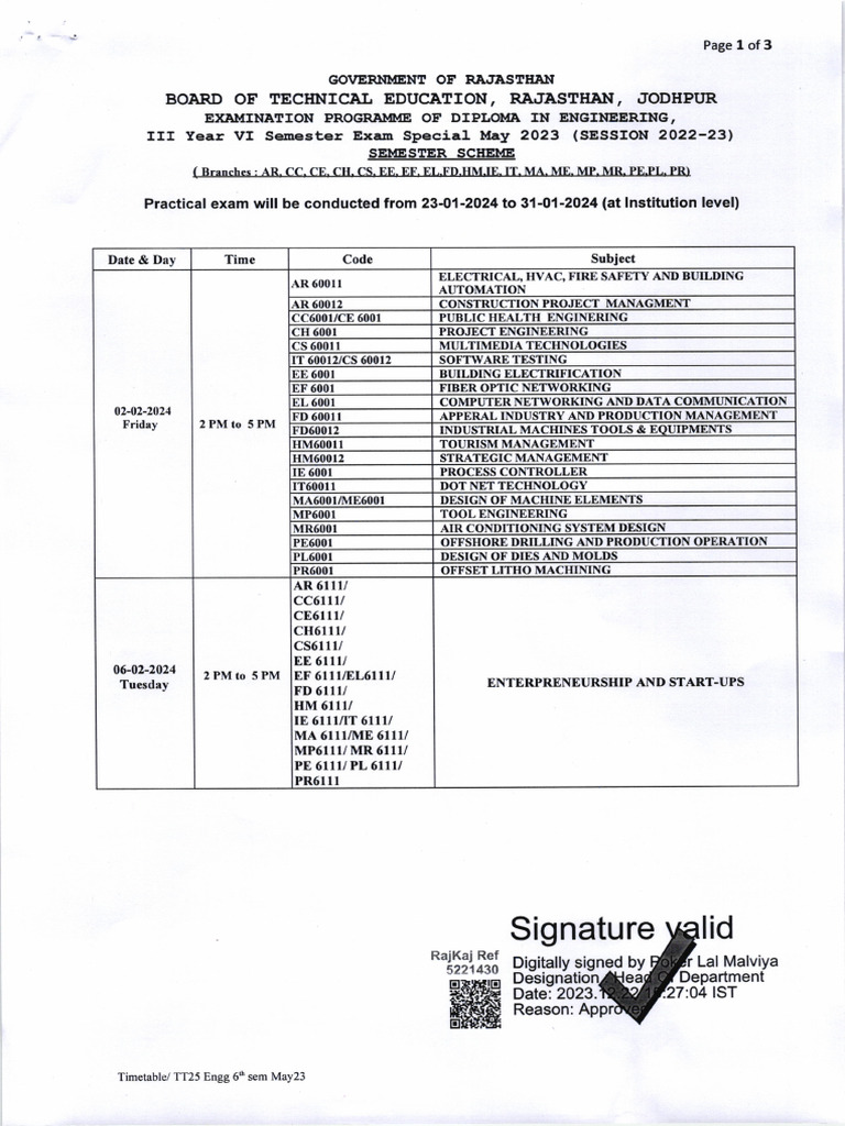 Engg 6th Sem Special Time Table 2024 | PDF