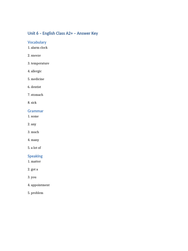 Unit 6 A2+ English Answer Key | PDF