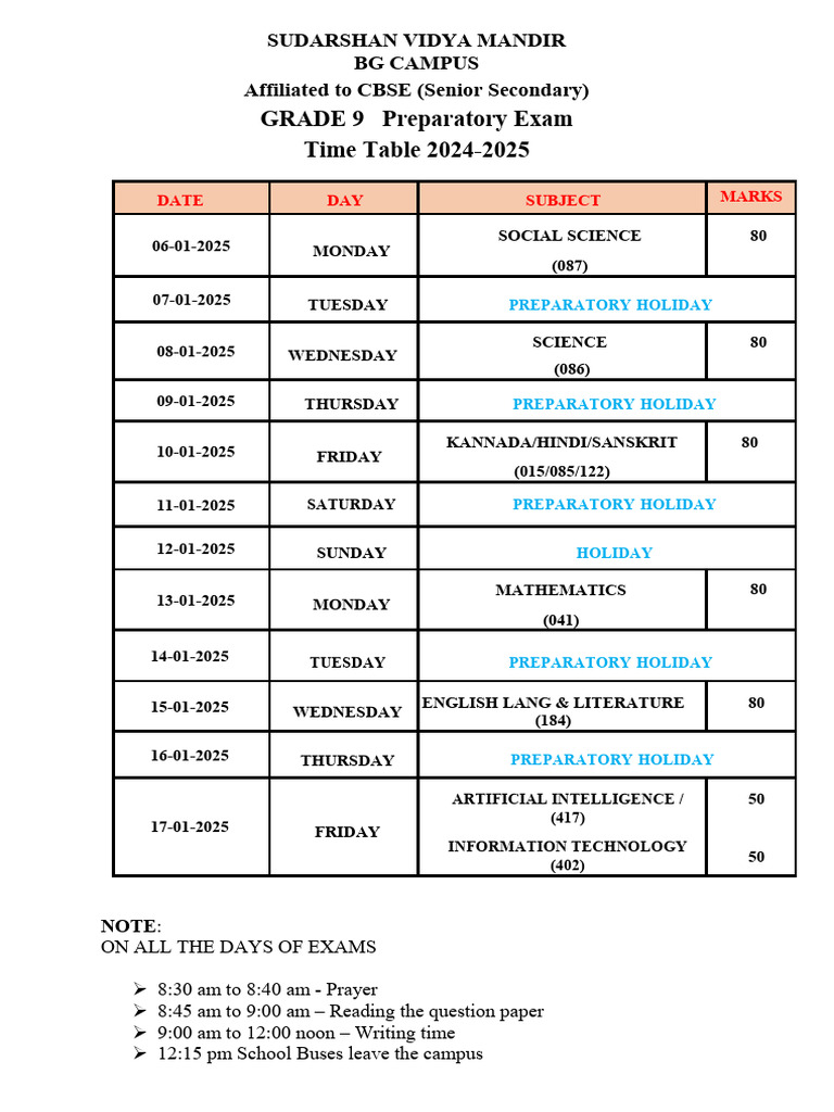 GR 9 Preparatory Exam Time Table 2024-2025 | PDF