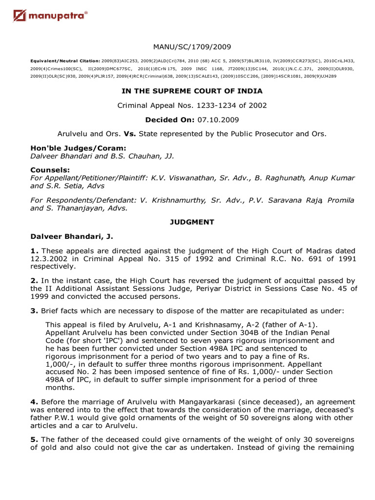 Arulvelu and Ors Vs State Represented by The Publs091705COM85600 | PDF | Acquittal | Judgment (Law)