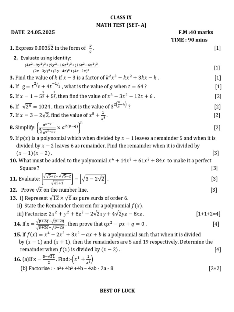 Class 9 Maths Test Set A May 2025 | PDF | Factorization | Arithmetic