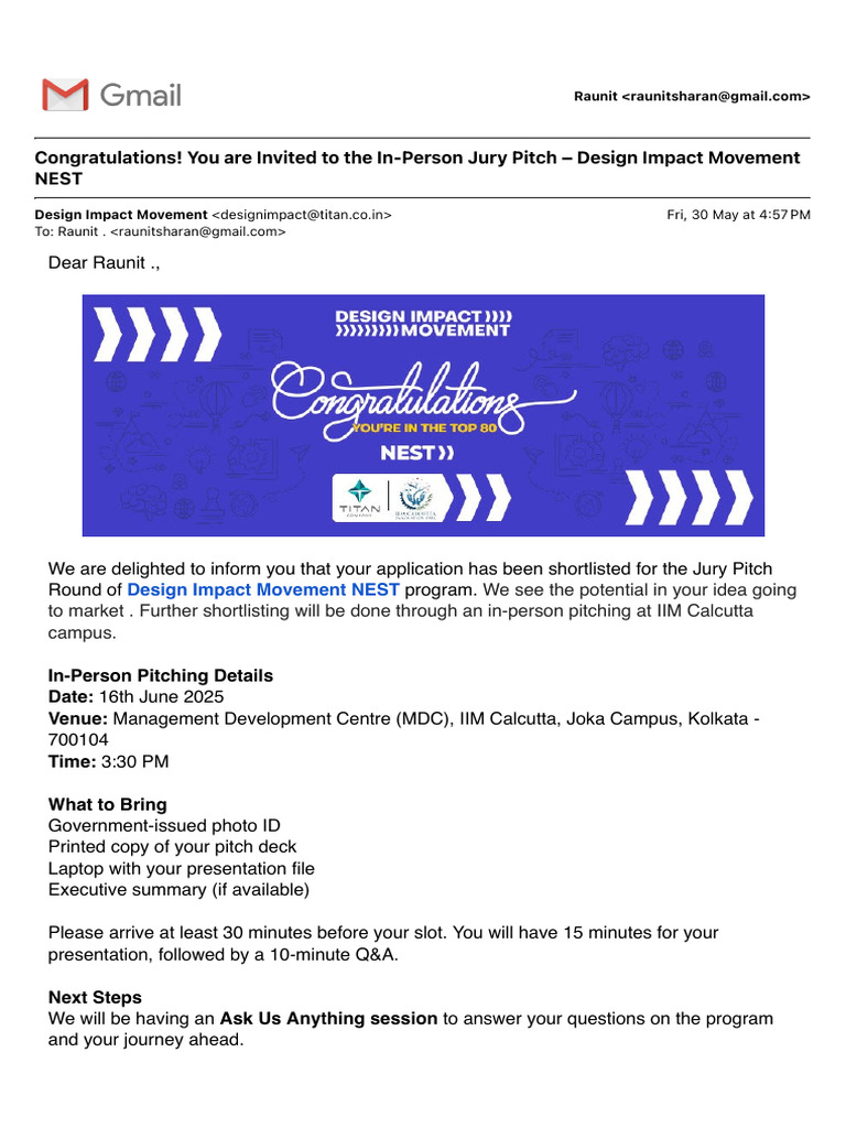 Congratulations! You Are Invited To The In-Person Jury Pitch - Design ...