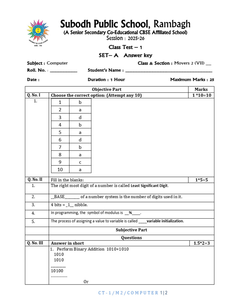 M2 Anskey Computer CT1 SET A | PDF | Arithmetic | Computer Programming
