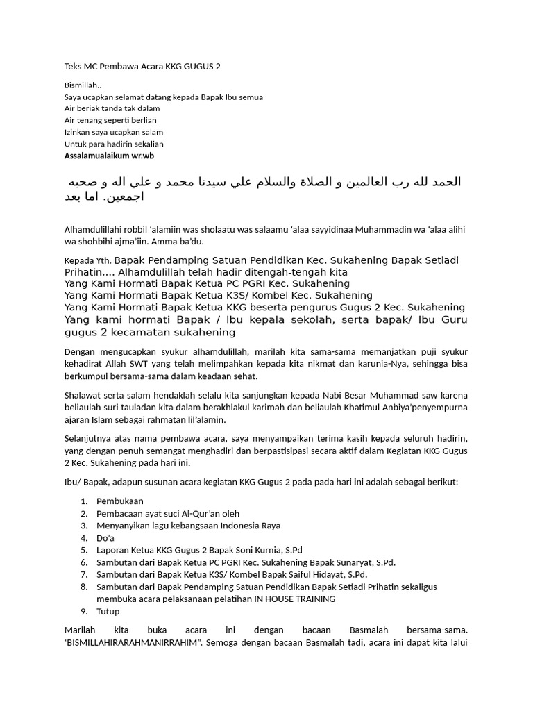 Teks MC Acara KKG Gugus 2 | PDF