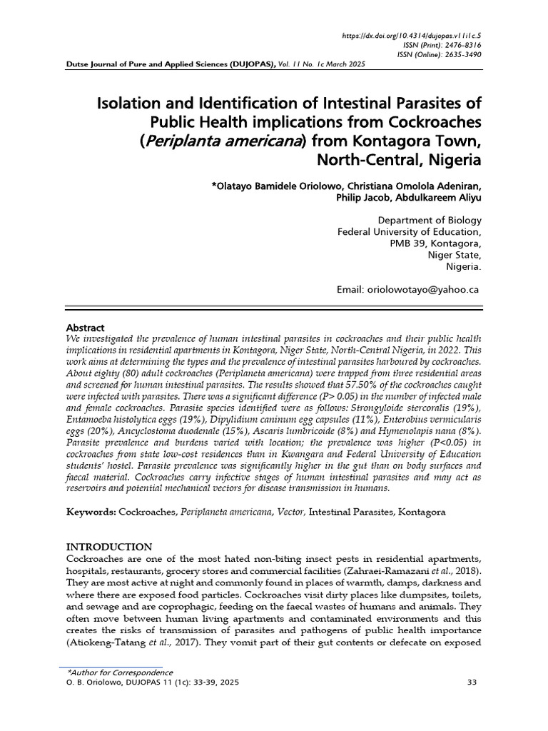 Intestinal Parasites in Cockroaches, Nigeria | PDF | Parasitism ...