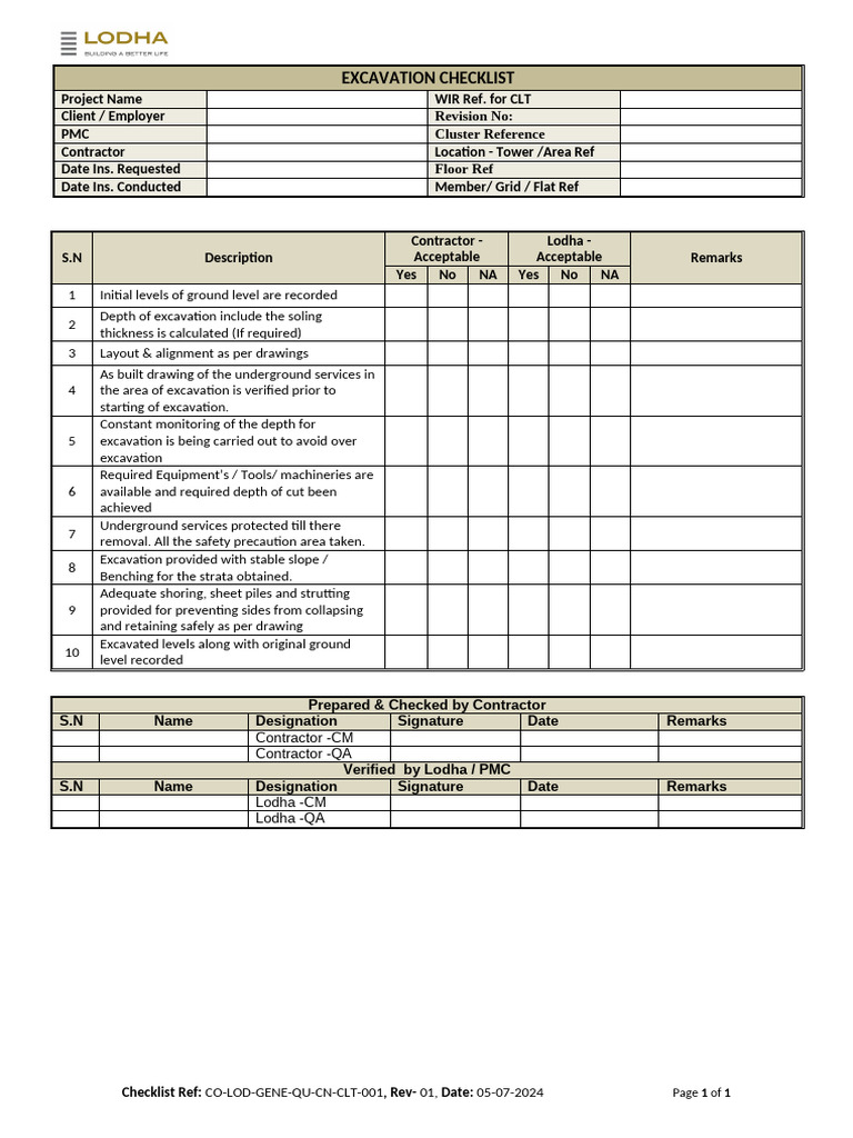 Excavation Checklist | PDF