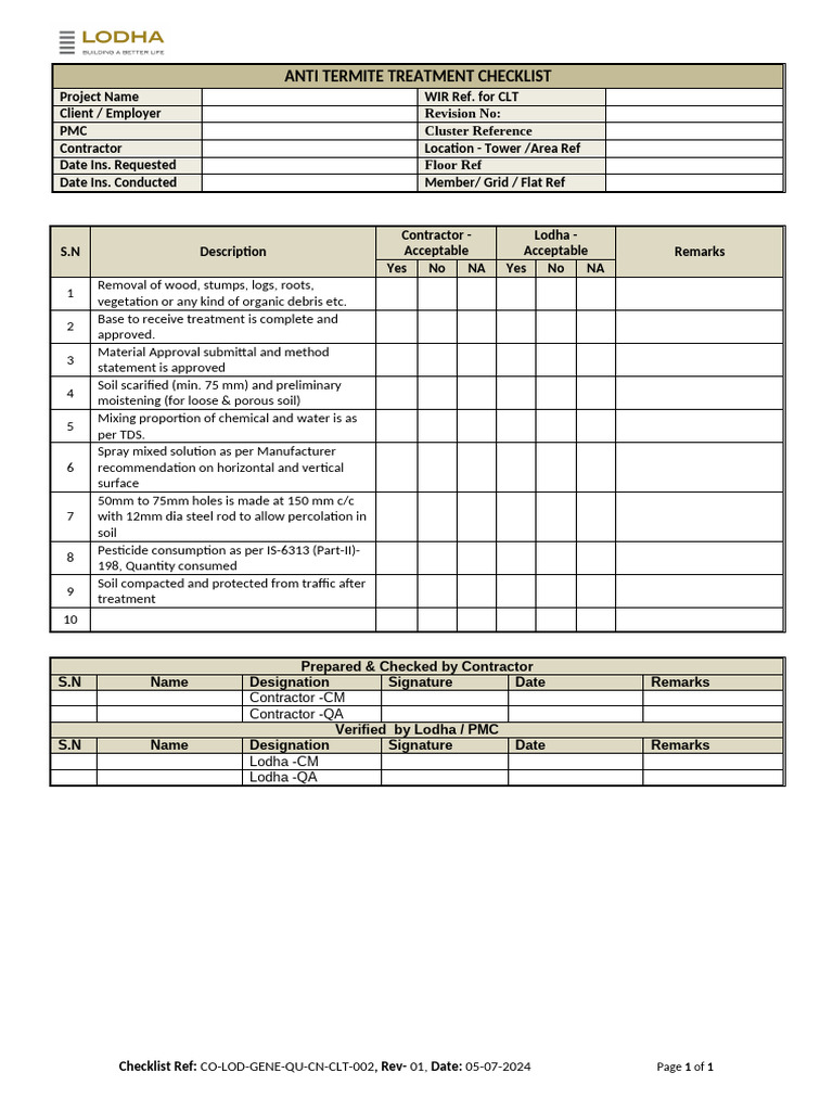 Anti Termite Treatment Checklist | PDF