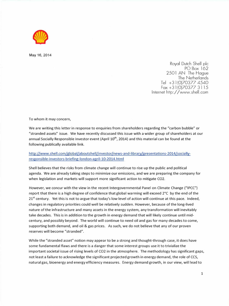 Shell Letter To Investors On Stranded Assets May 11 2015 | PDF ...