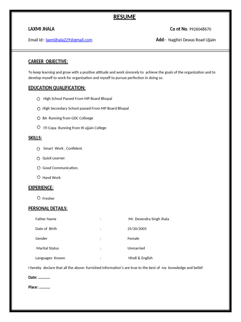 Resume of Laxmi Jhala - Fresher Candidate | PDF