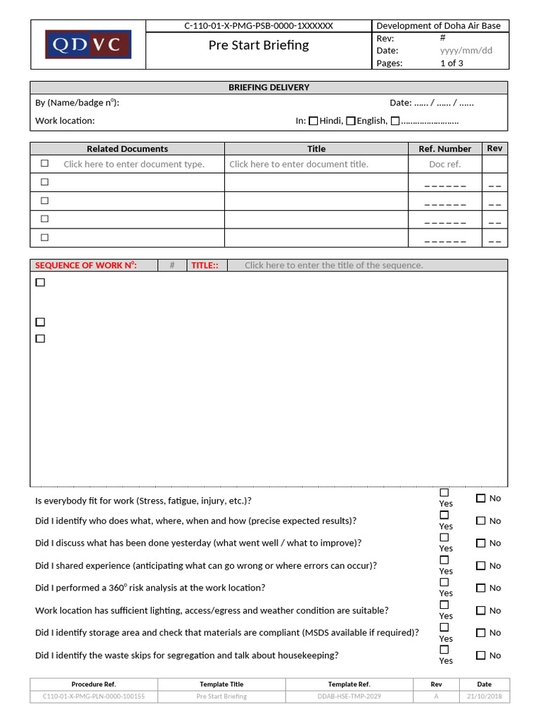 Ddab Hse TMP 2029 A Pre Start Briefing | PDF | Personal Protective ...