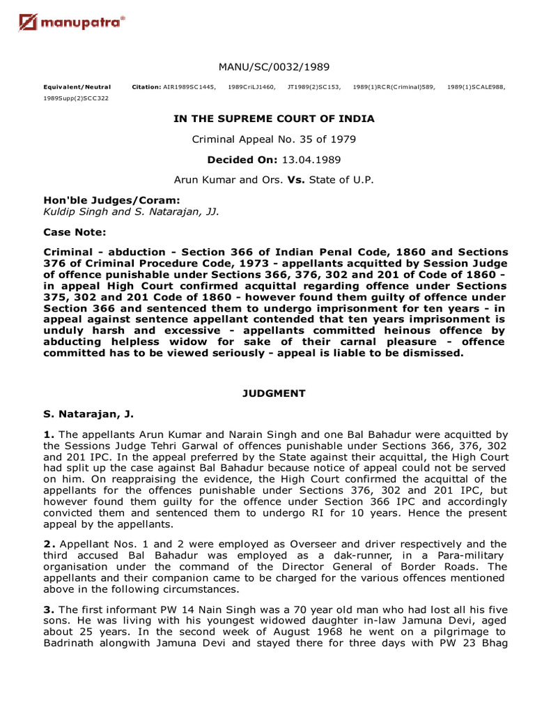 Arun Kumar and Ors Vs State of UP 13041989 SCs890032COM290442 | PDF | Acquittal | Appeal