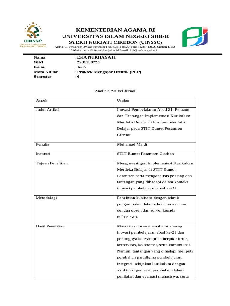 Analisis Artikel Jurnal Merdeka Belajar PLP | PDF