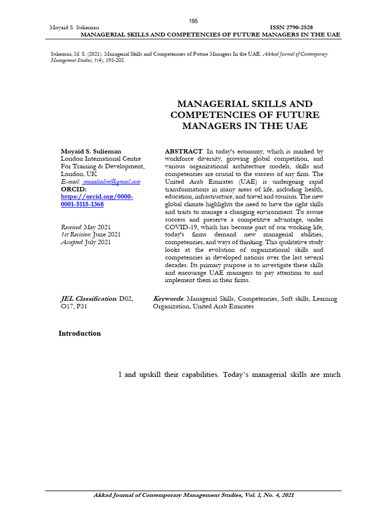 Managerial Skills and Competencies of Future Managers in The Uae | PDF ...