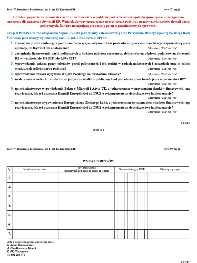 Karta Referendalna Wykaz Podpisow 777 | PDF