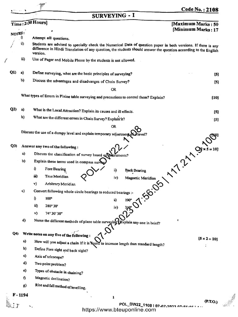 Surveying Engineering Previous Year Question Paper | PDF