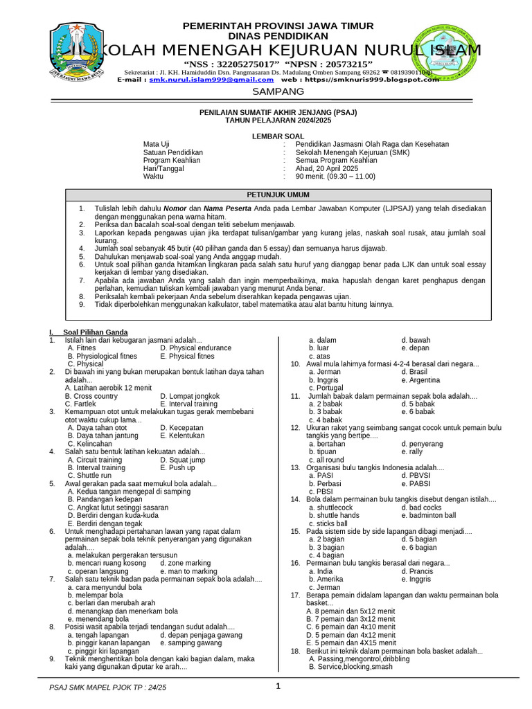 Soal Pjok Psaj 2025 Cadangan | PDF