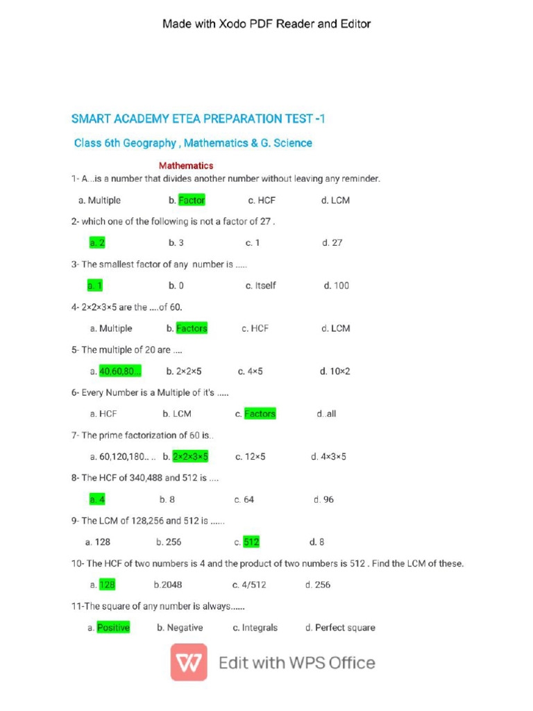 Smart Academy Etea Preparation by Sir Ghulam Naseer Saib (Class 6th) | PDF