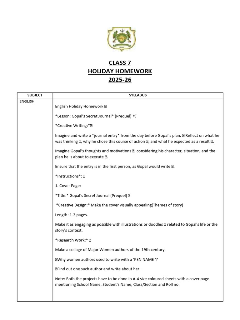 Holiday Homework Class 7 2025-26 | PDF | Books