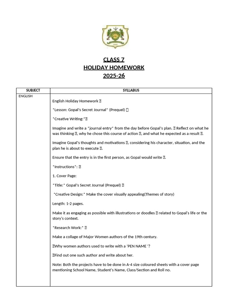 Class 7 Creative Holiday Homework | PDF | Books