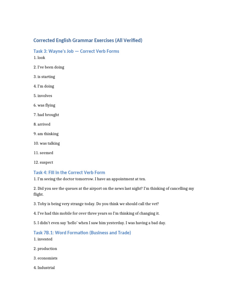 Verified Corrected English Grammar Exercises | PDF