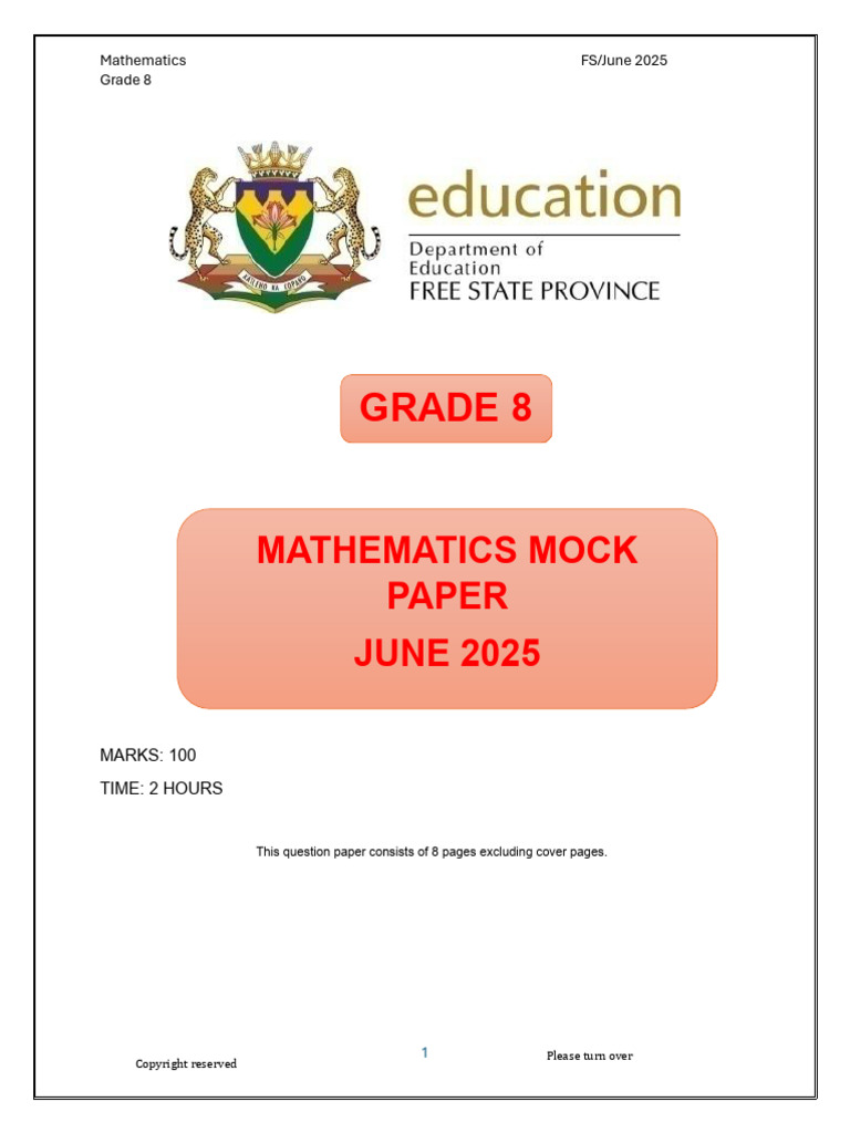 June 2025 Grade 8 Mathematics Test (1) Mock F | PDF | Multiple Choice ...