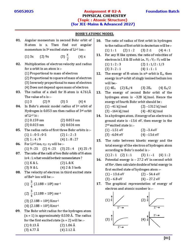 Assignment 02-A Atomic Structure (Bohr's Theory) | PDF | Atoms | Electron